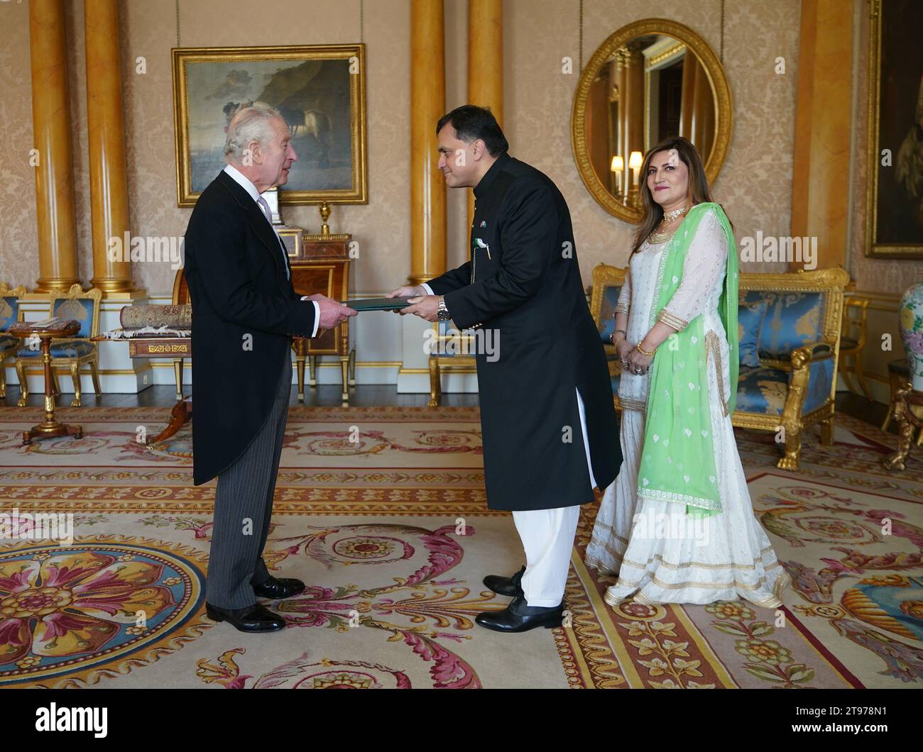 King Charles III (left) receives Dr. Mohammad Faisal, High Commissioner for the Islamic Republic ...