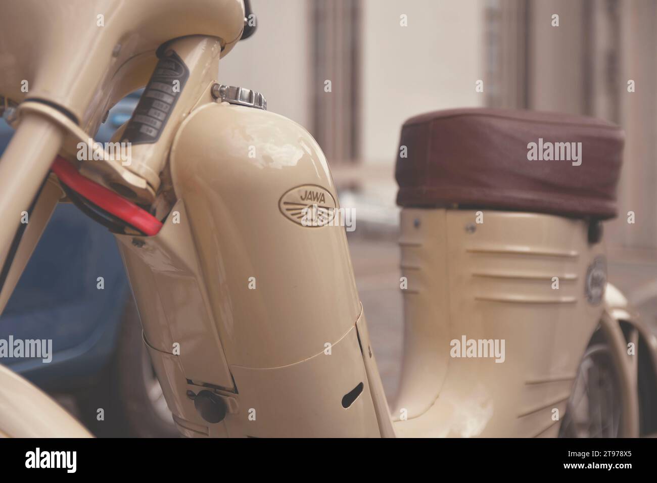 Close-up of logo on fuel tank of JAWA retro motorcycle. Detail of ...