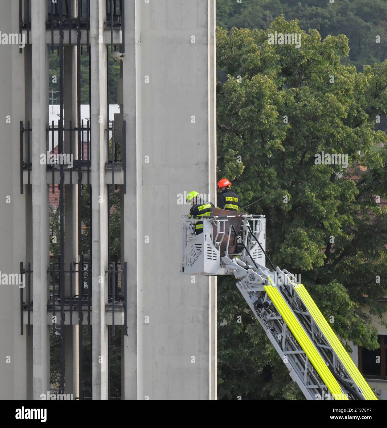 Firefighters at the church tower. Firefighter intervention at a high ...