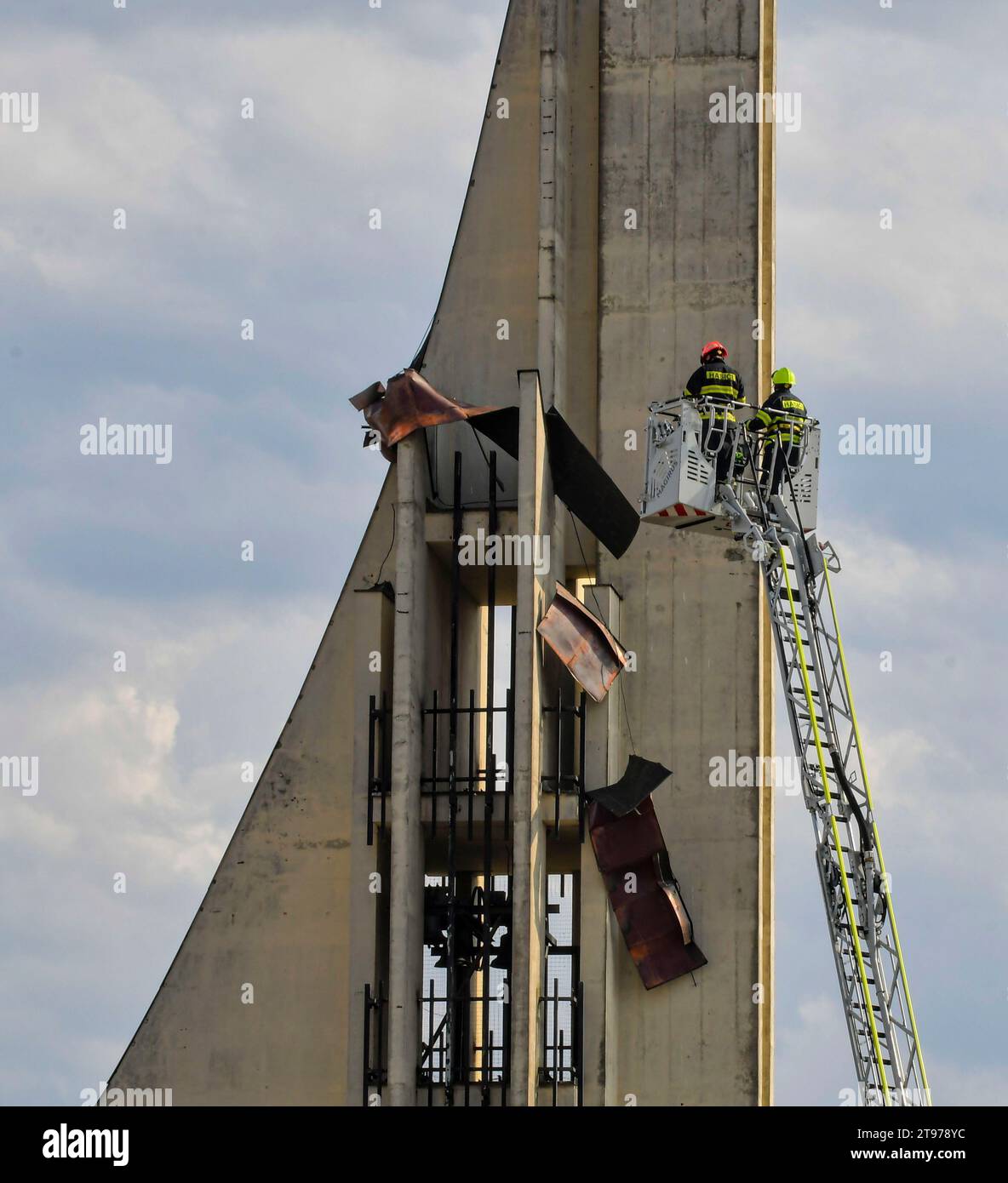Firefighters at the church tower. Firefighter intervention at a high ...