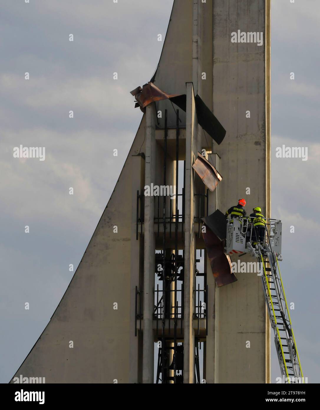 Firefighters at the church tower. Firefighter intervention at a high ...