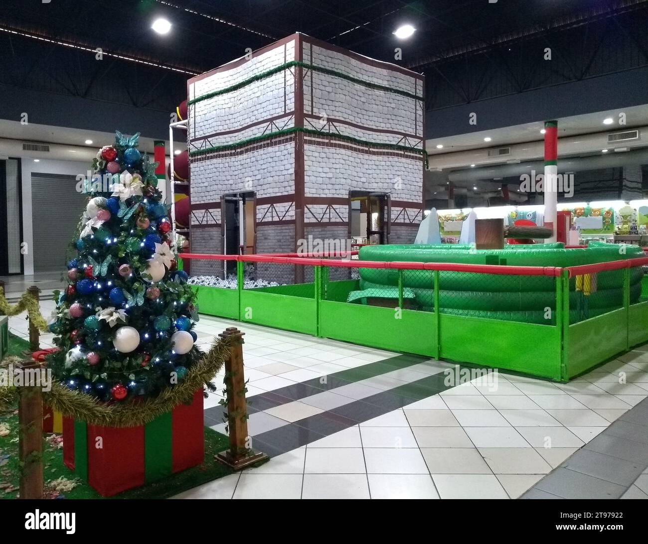 Decoration, large and small Christmas trees, panoramic view, with a ...