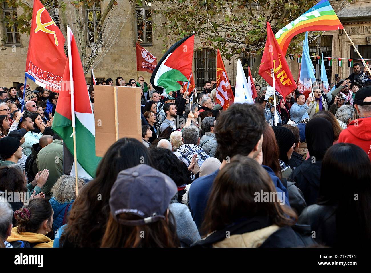 Marseille, France. 18th Nov, 2023. Protesters with flags, gathered to ...