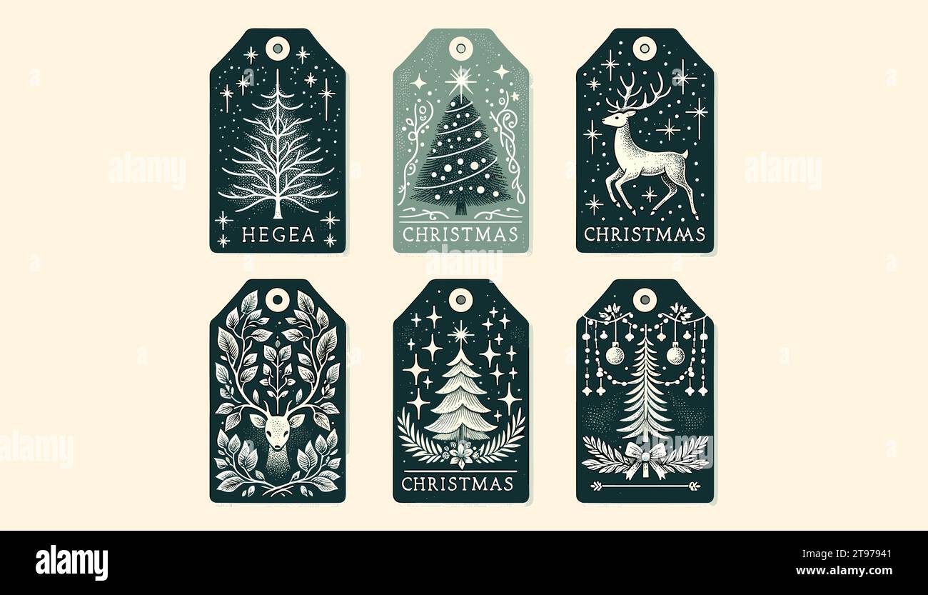 Vintage Christmas gift tags. Each tag is hand-drawn and detailed Stock ...