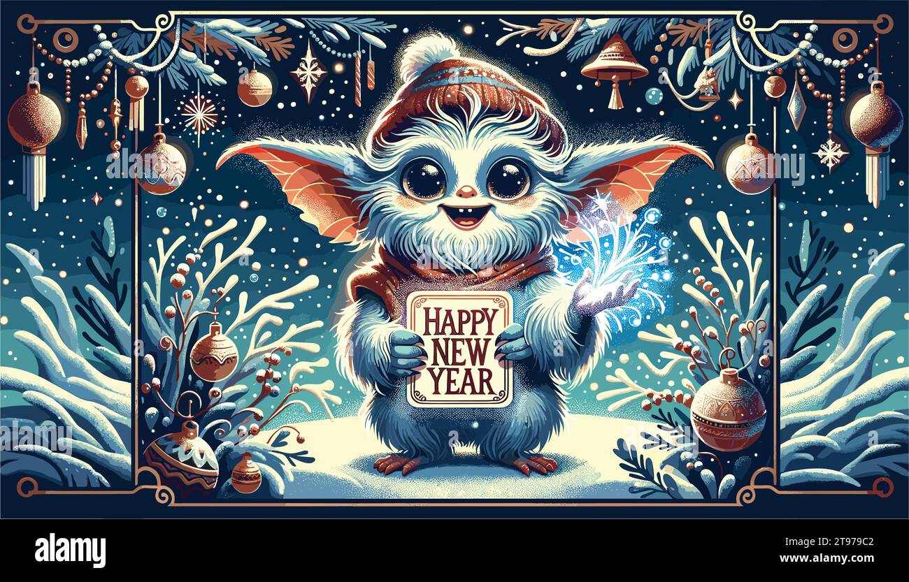 A winter elf, clutching a 'Happy New Year' card that sparkles with ...