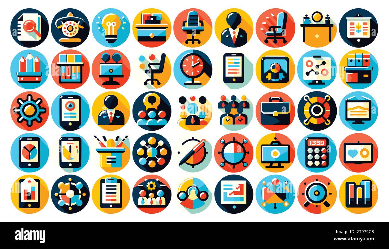 In a flat vector style, a compilation of 40 round, bright web icons ...