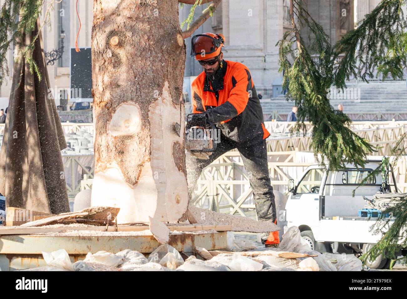 Vatican, Vatican. 23rd Nov, 2023. A worker arranges the Christmas tree ...