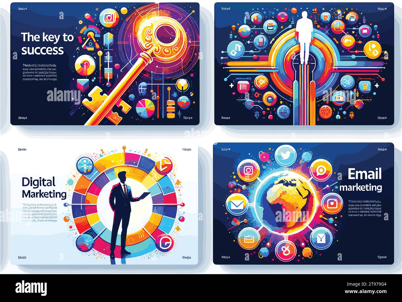 Illustration of four horizontally aligned PowerPoint presentation cover ...