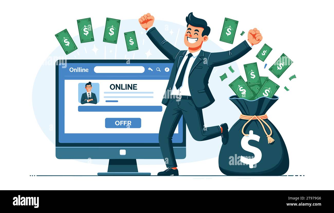 Flat vector illustration in 16:9 ratio showing a jubilant businessman ...