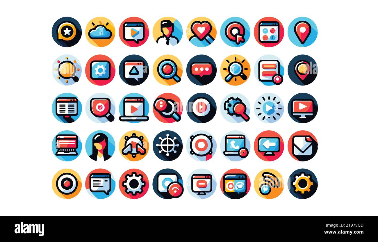 On a white background, in a flat vector style, showcase a set of 40 ...