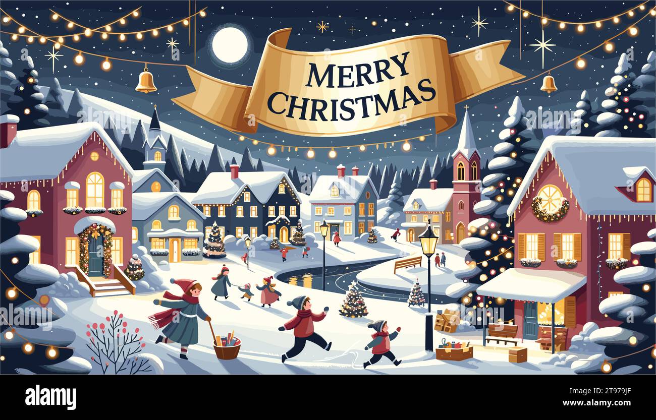 A snowy village scene is painted with children playing, houses adorned ...