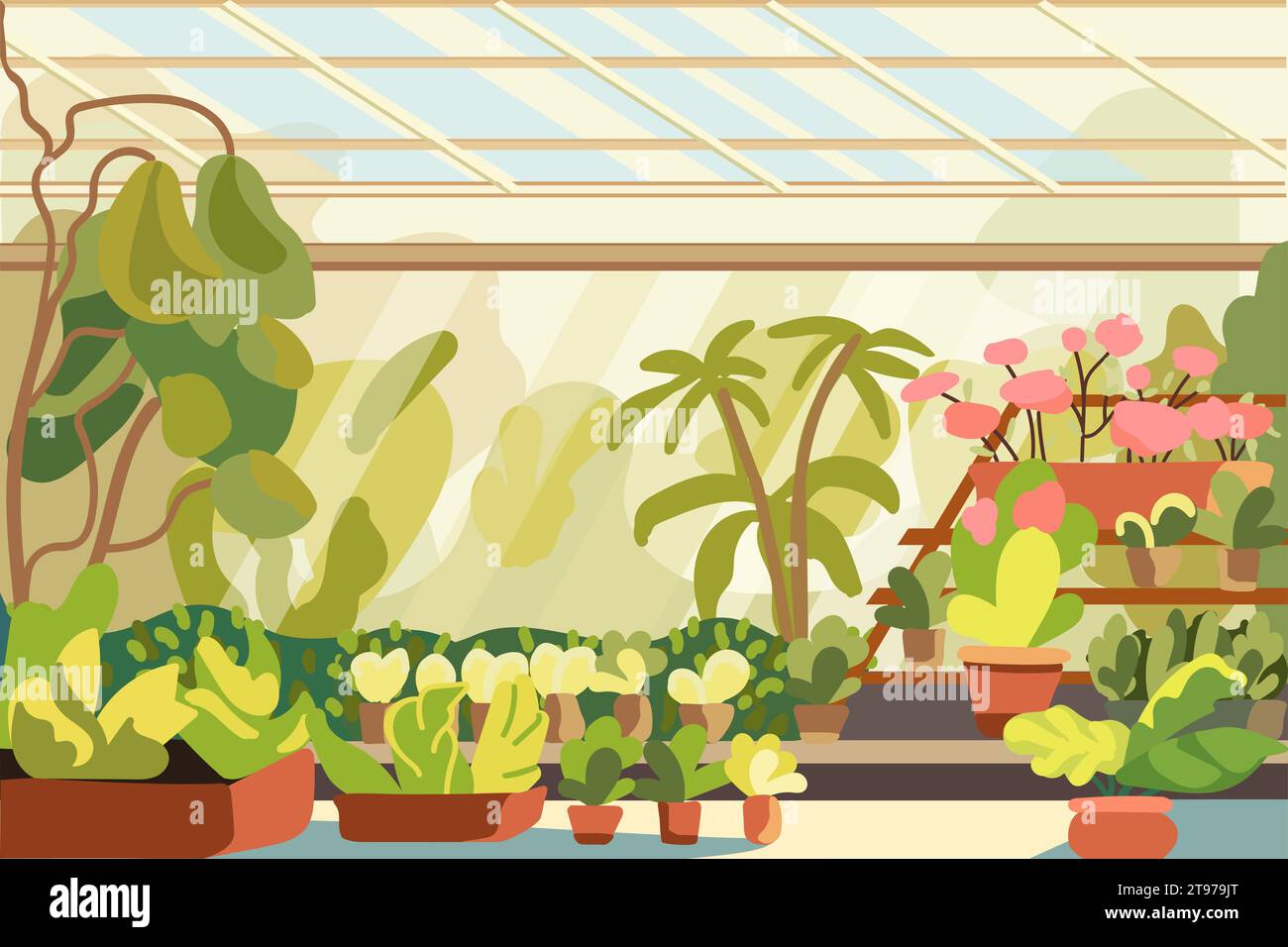 Greenhouse, garden with green trees and indoor plants. Indoor ...