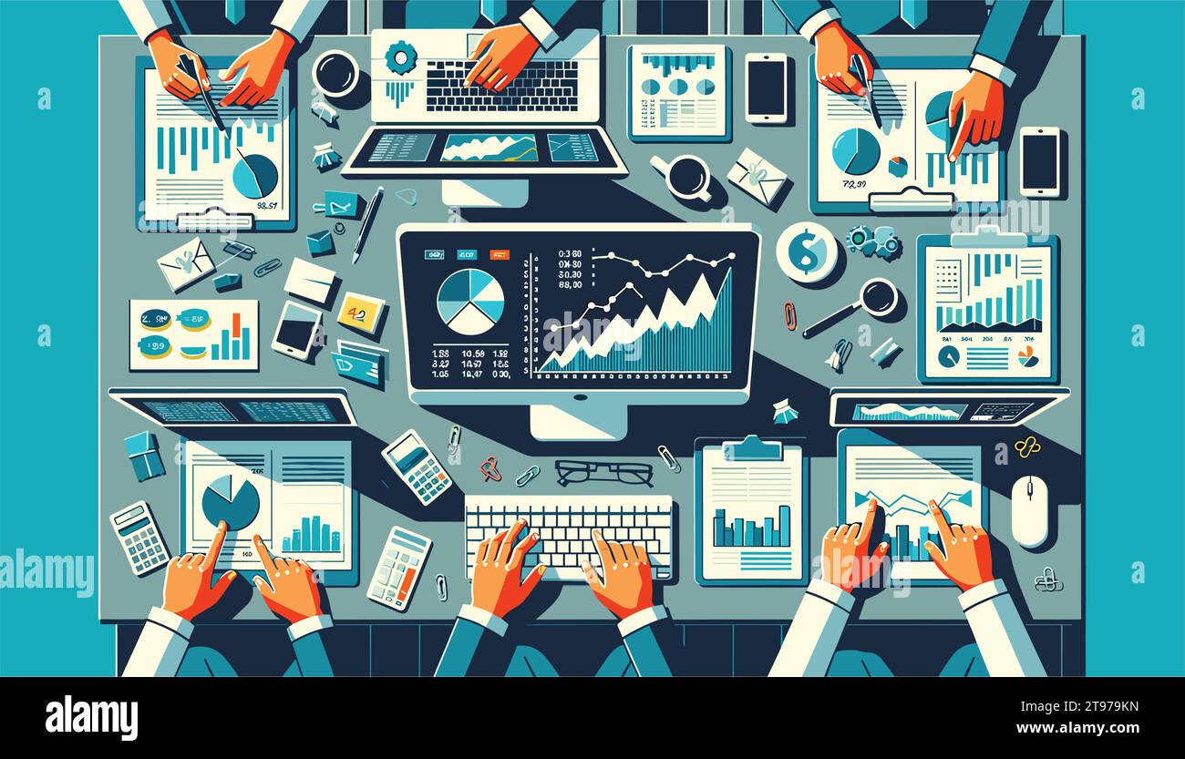 An overhead view of a financial workspace. There are computer screens ...