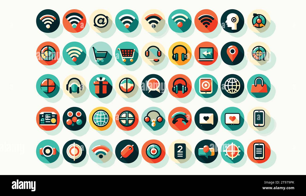 A series of 40 round web icons in flat vector design, all set against a ...