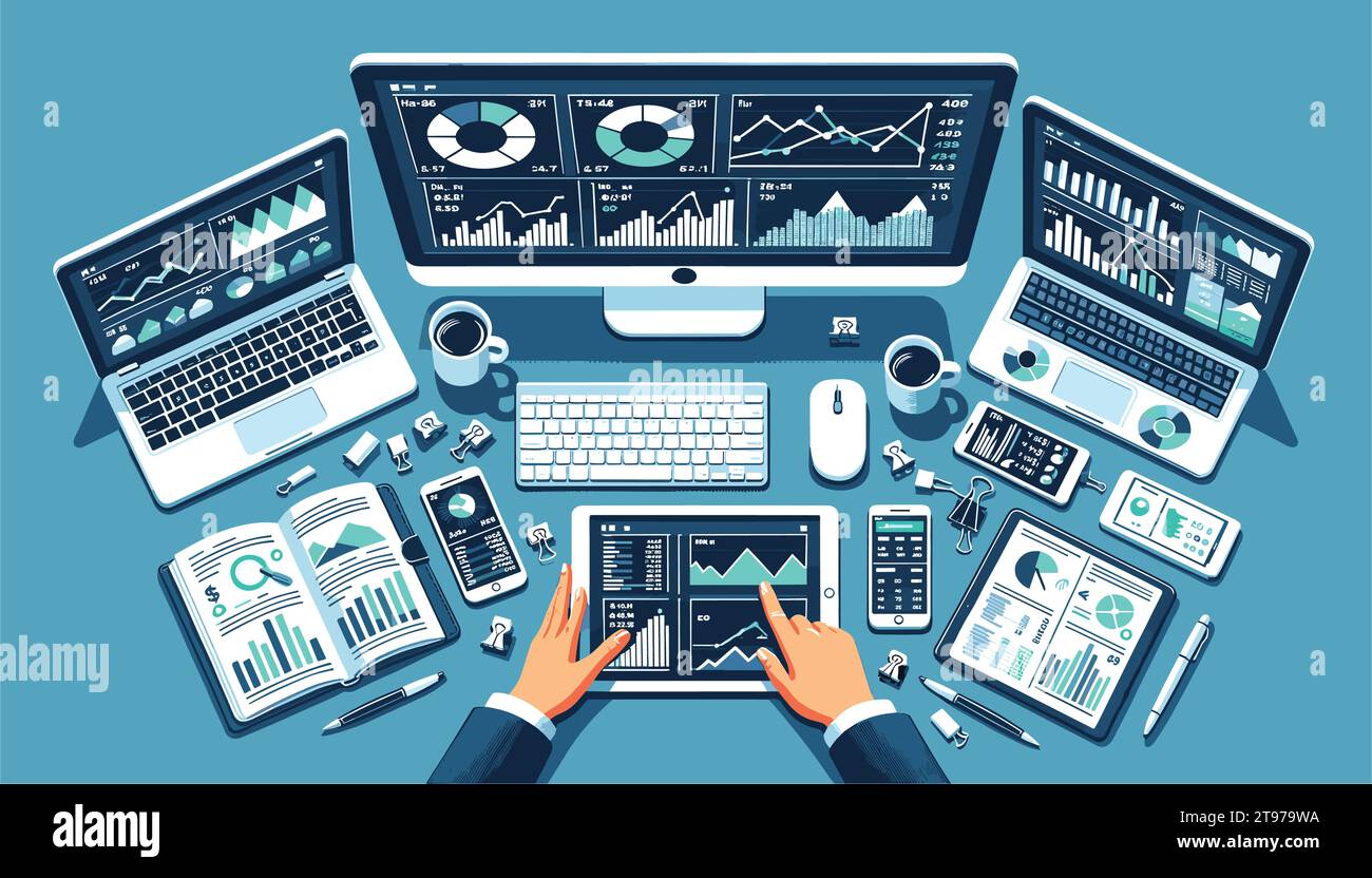 Depict an overhead perspective of a financial desk. Visible are a large ...