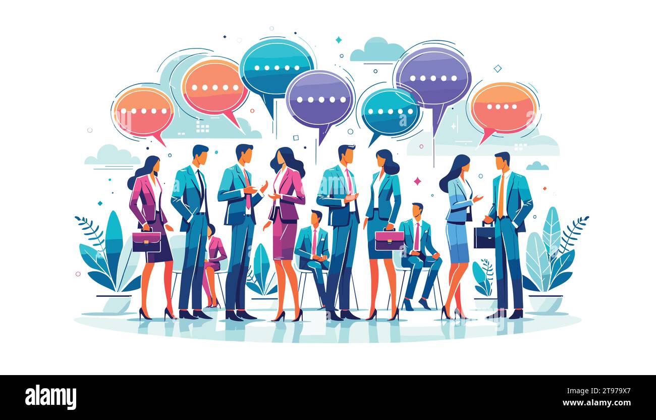 Multiple business professionals in vibrant attire converse with each ...