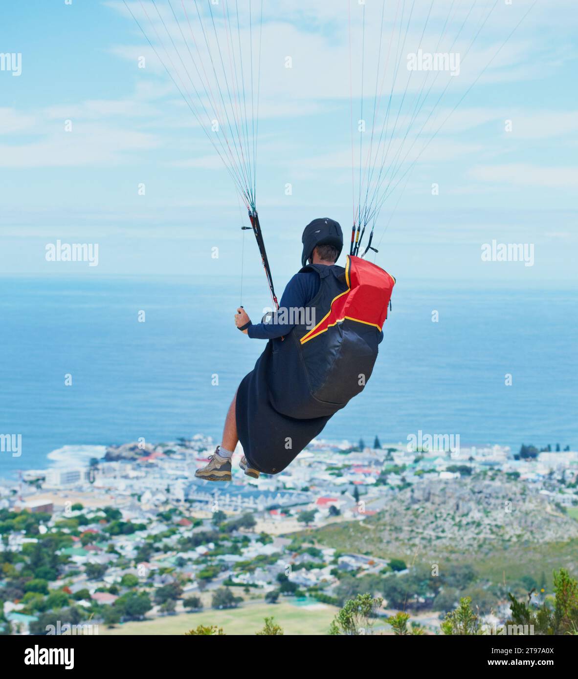 Man, parachute or paragliding in blue sky for ocean view, flight ...