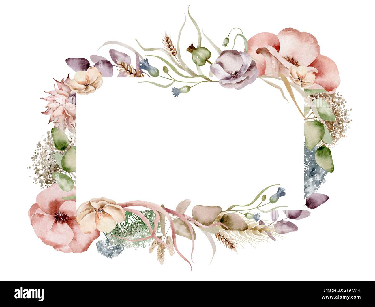 Rectangular frame made of wildflowers. Watercolor botanical frame of ...