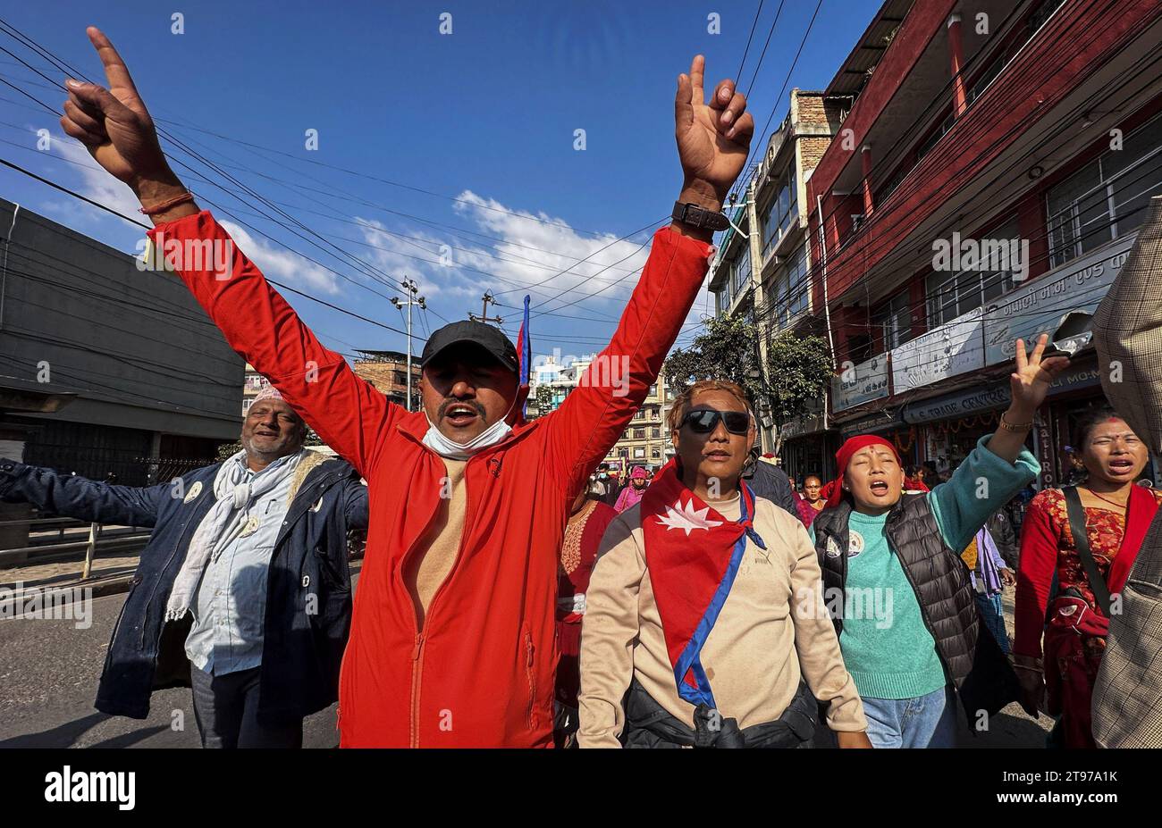 Kathmandu, Bagmati, Nepal. 23rd Nov, 2023. Protesters shout slogans in ...
