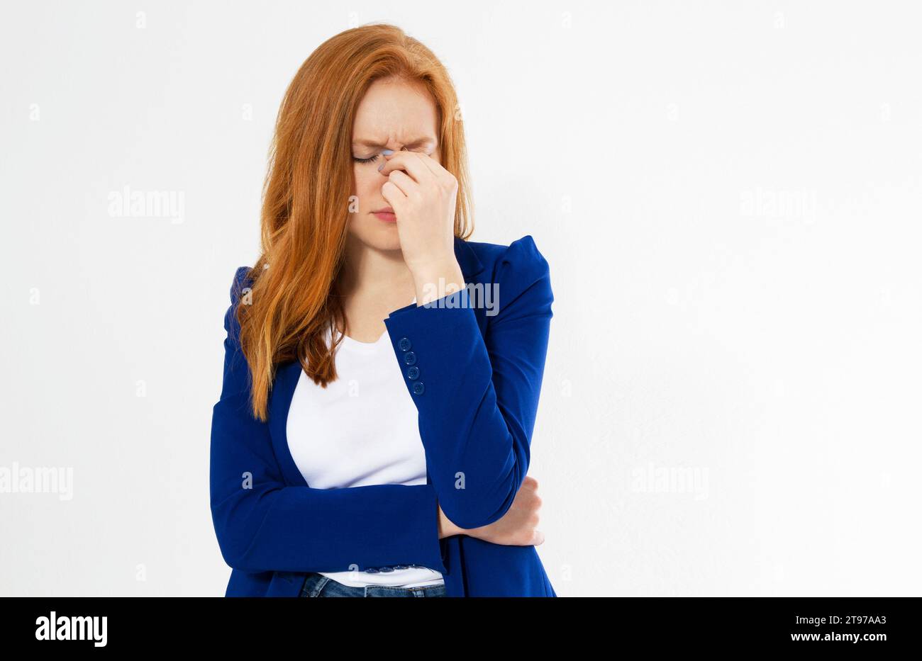 Cute, young beautiful red hair woman do facepalm. Redhead girl headache ...