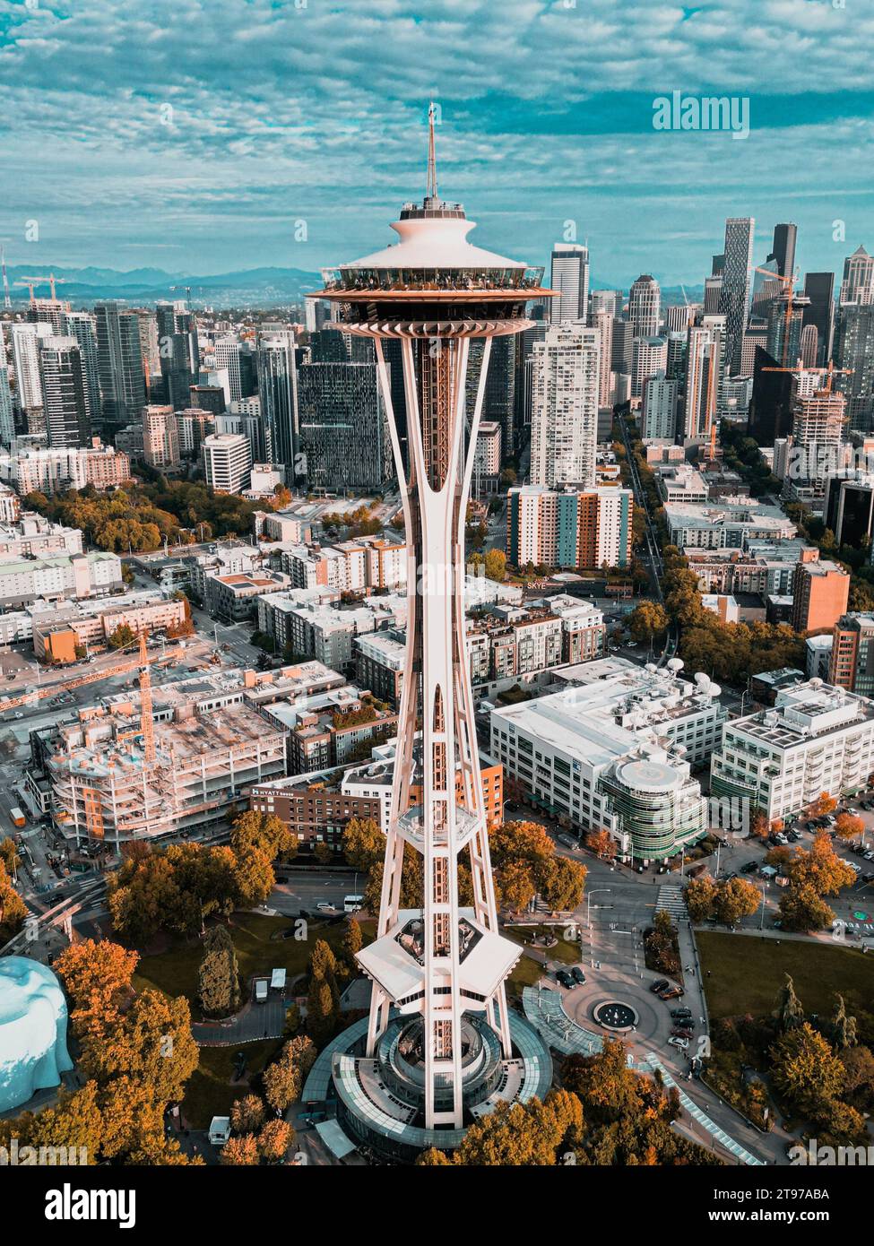 The iconic Seattle Space Needle tower stands tall in front of the ...