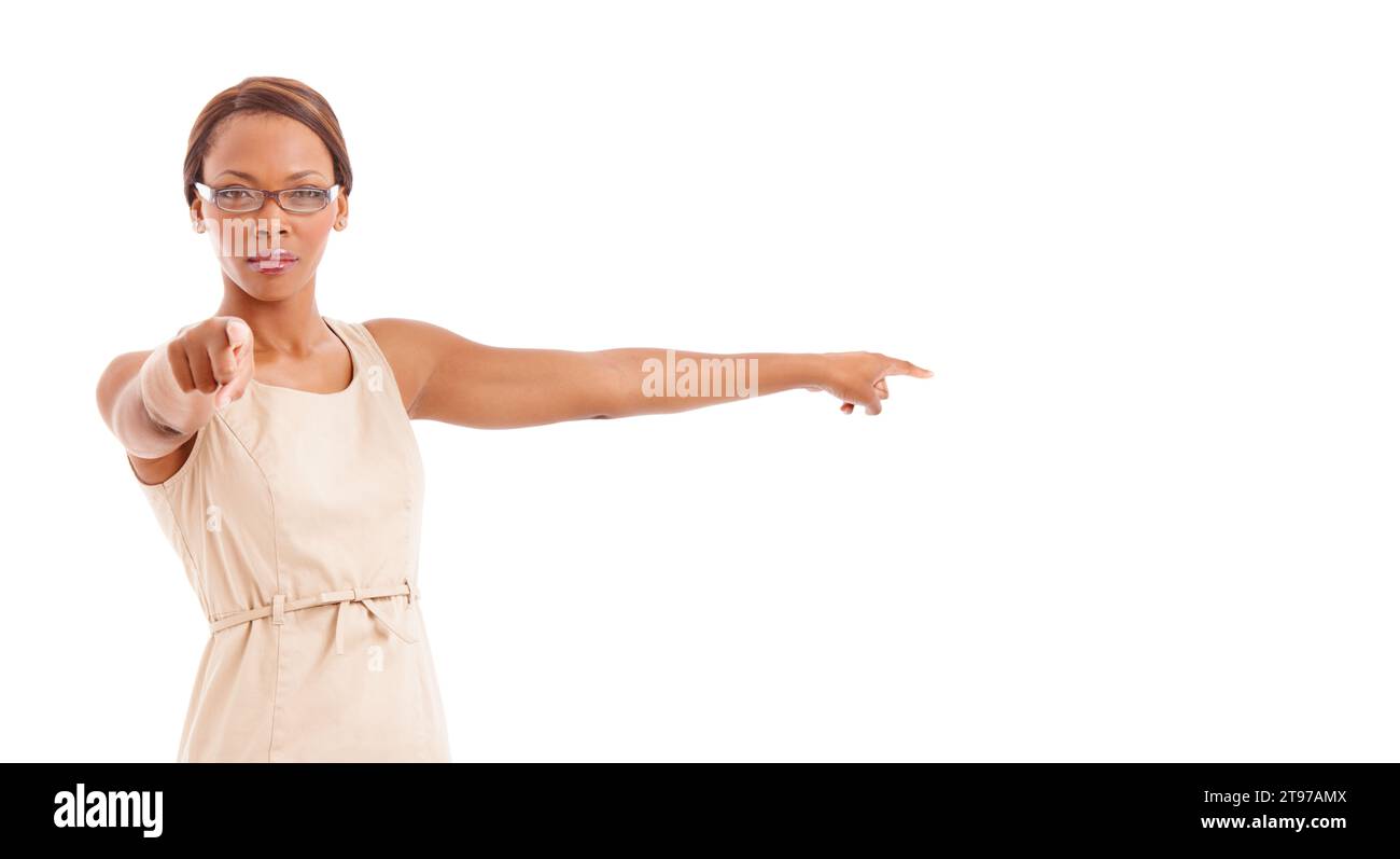 Business, pointing to you or black woman with reject, warning or model ...