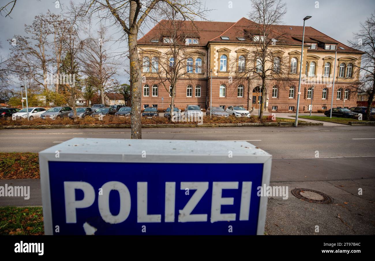 Hechingen, Germany. 23rd Nov, 2023. The sign of the Hechingen police station stands opposite the ...