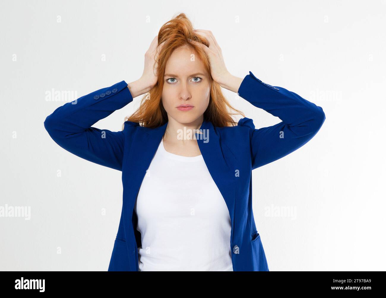Cute, young beautiful red hair woman do facepalm. Redhead suffer girl ...