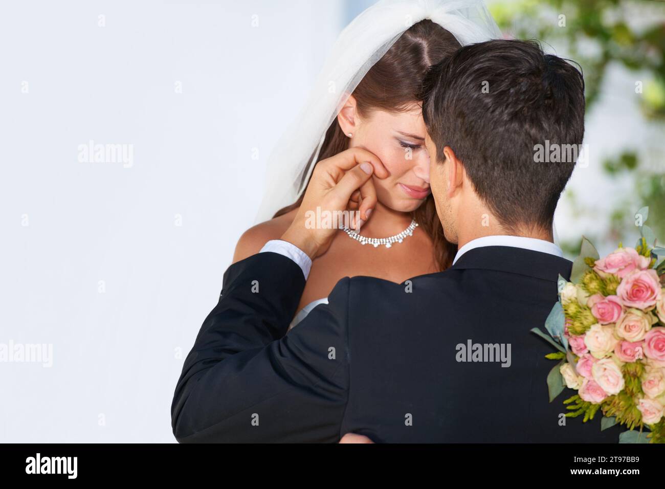 Wedding, couple hug and woman smile with bride, happy and bouquet ...