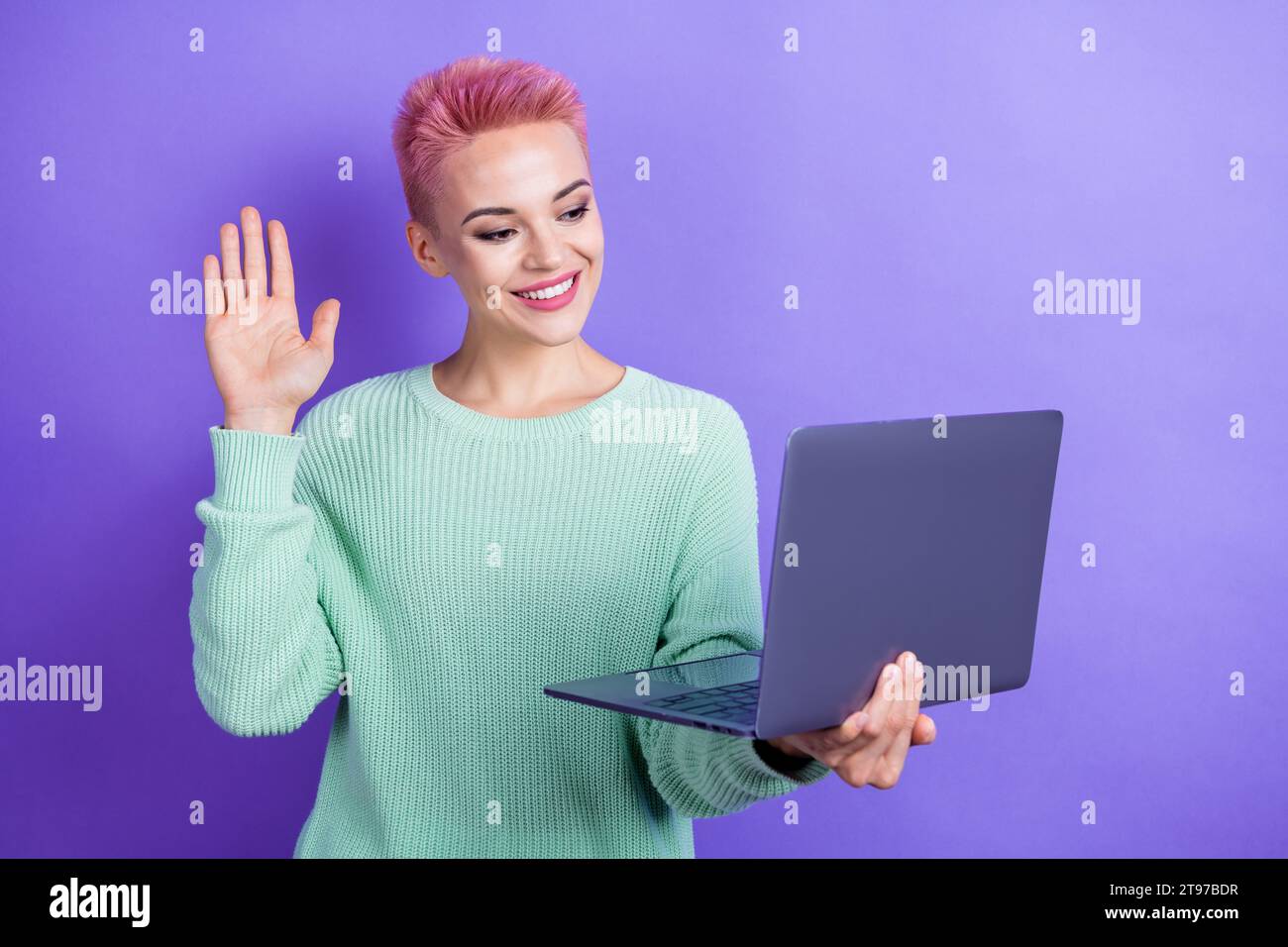 Photo of attractive friendly lady arm palm waving hi communicate talk ...