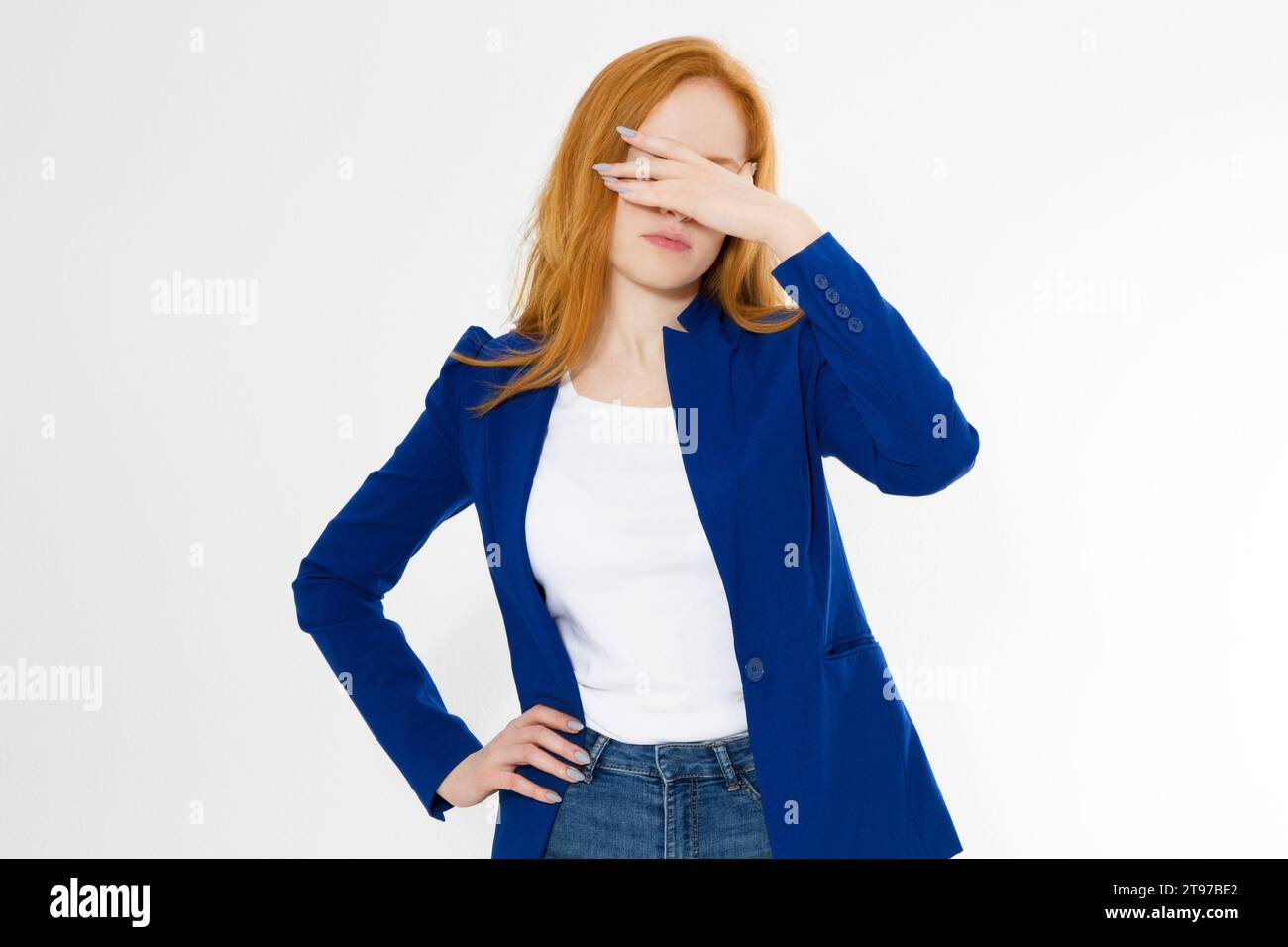 Cute, young beautiful red hair woman do facepalm. Redhead girl headache ...