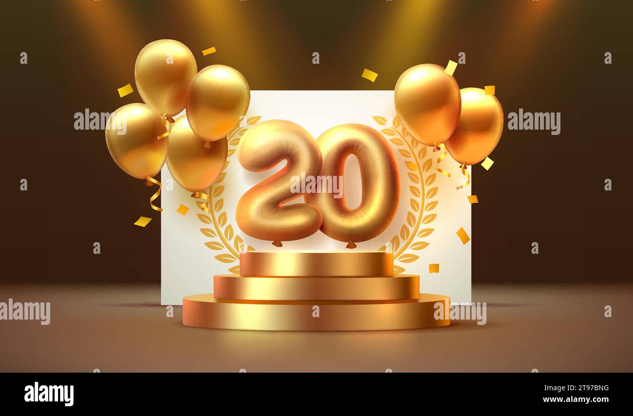 Anniversary of Birthday, number 20 on the podium with golden balloons ...