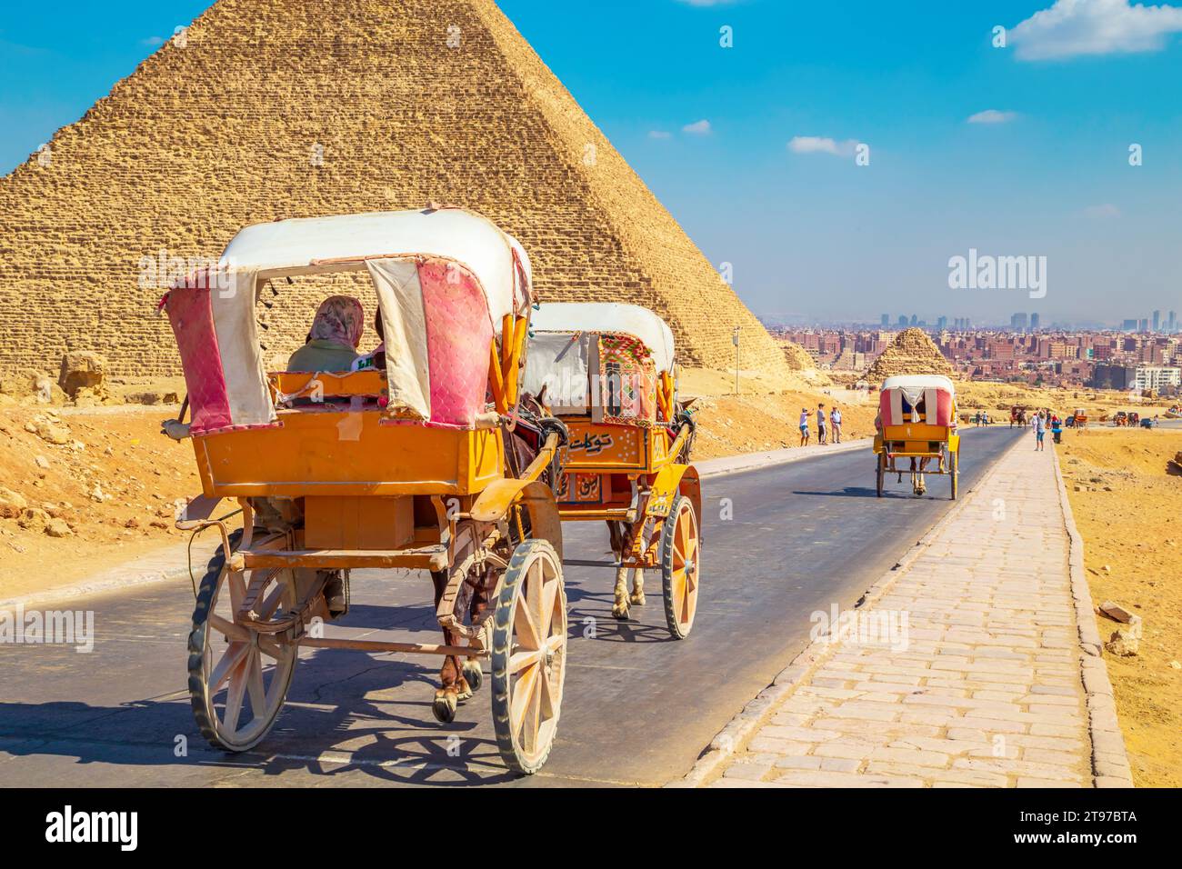 Horse-drawn carriages carry tourists near the Great Pyramids of Egypt ...