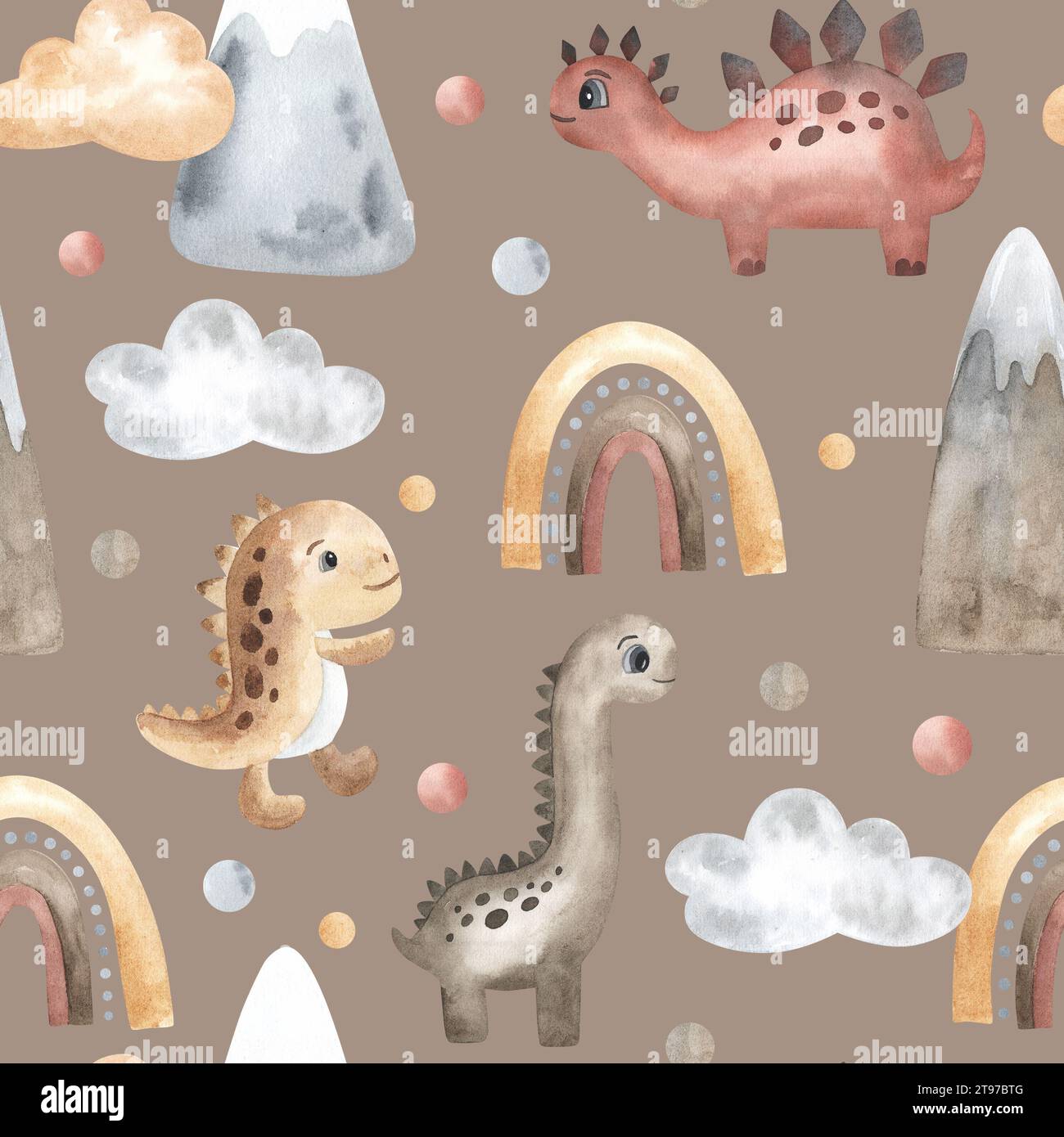 Cute dinosaurs, hot air balloons, clouds, rainbow. watercolor seamless ...
