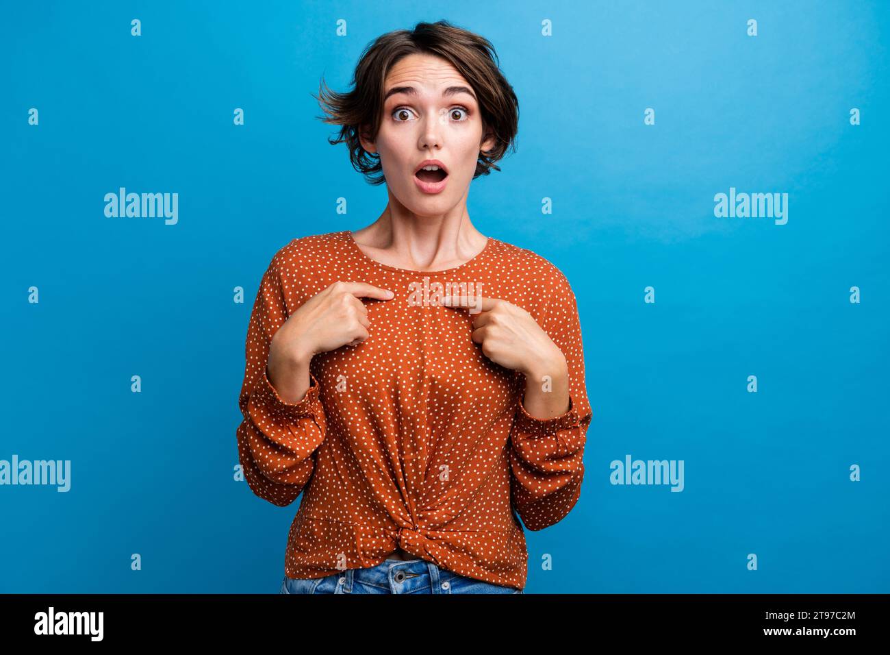 Photo portrait of lovely young lady point self accused terrified ...