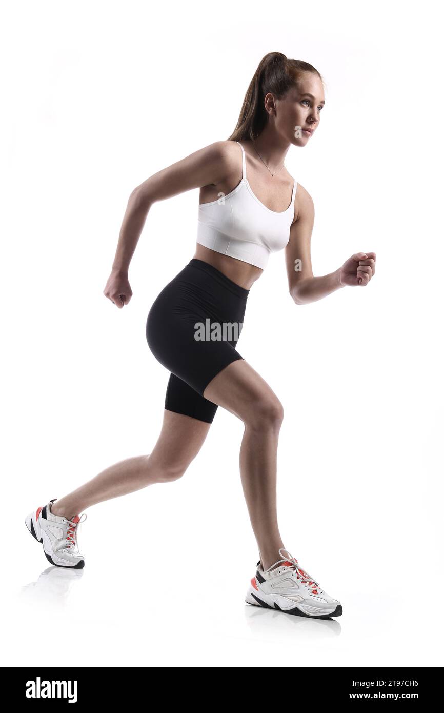 Running fitness woman. Active healthy lifestyle. Isolated on white ...