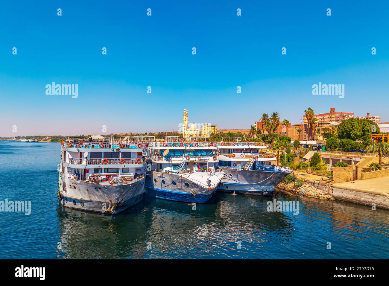 View of the Aswan waterfront from the Nile River. Aswan, Egypt ...