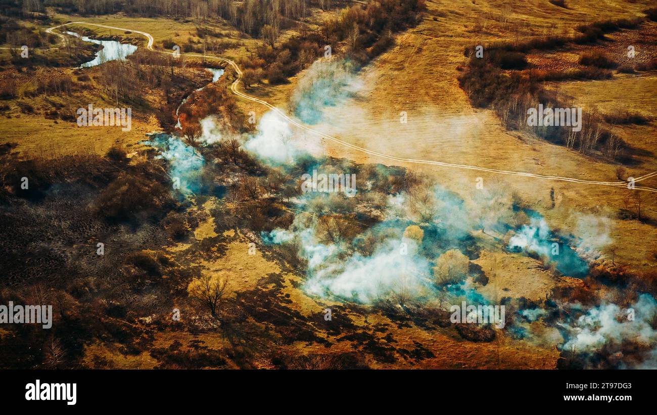 Aerial View. Spring Dry Grass Burns During Drought Hot Weather Stock ...