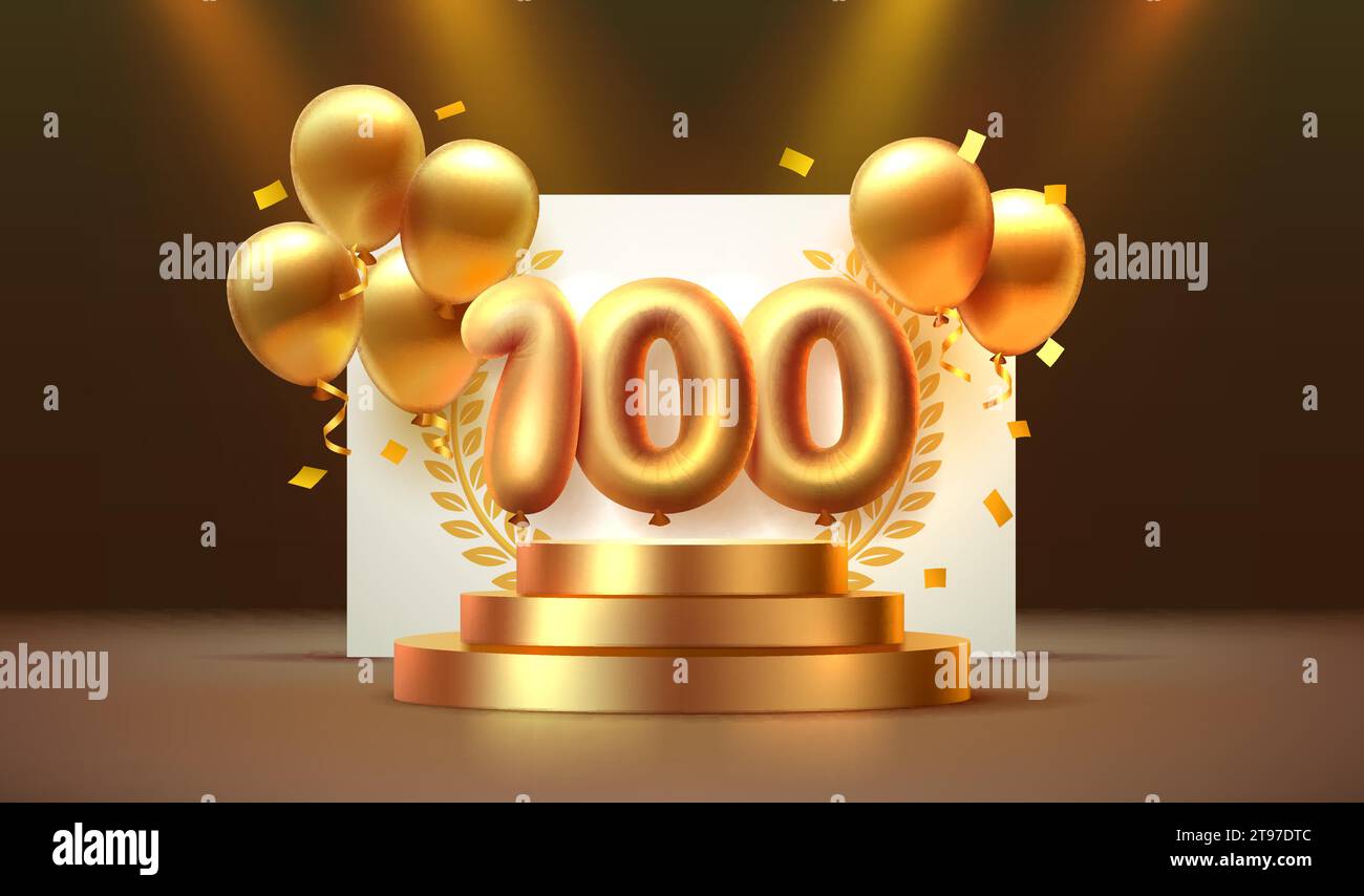 Anniversary of Birthday, number 100 on the podium with golden balloons ...