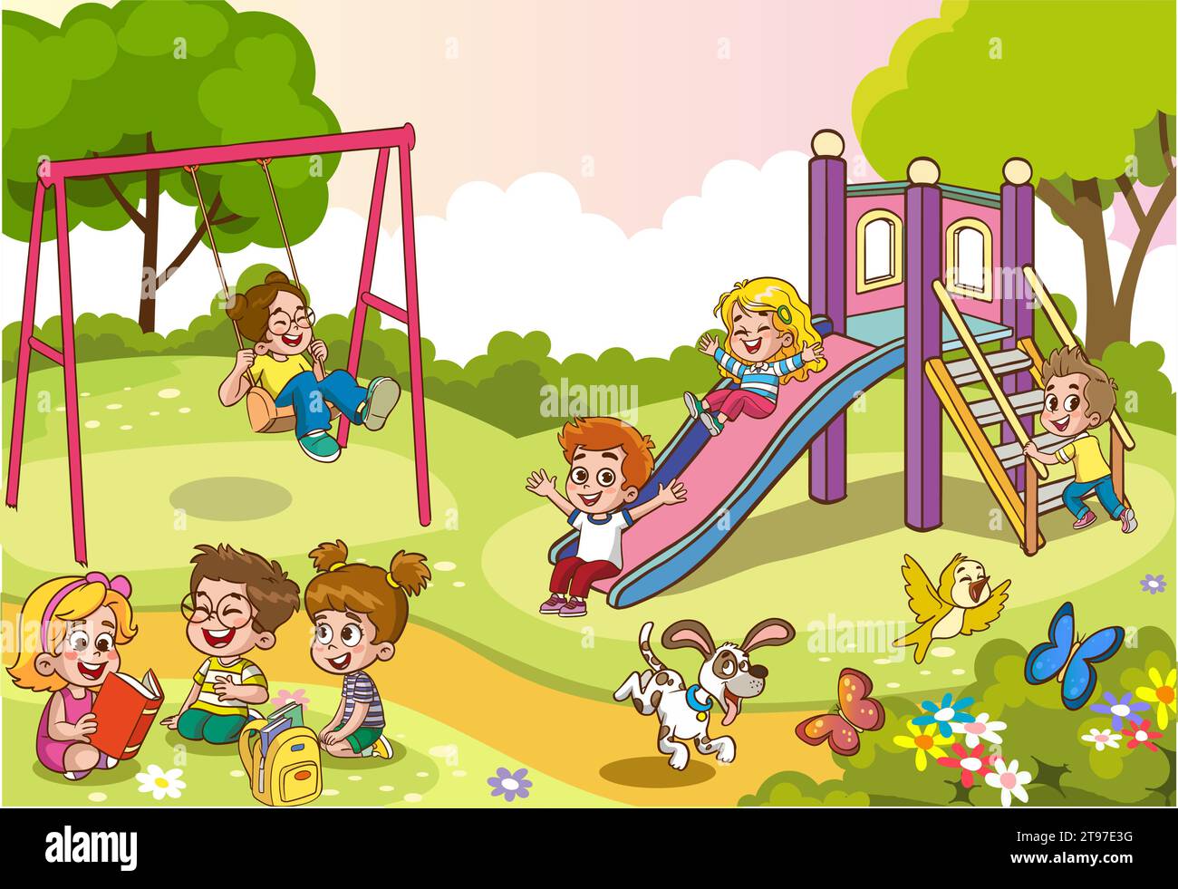 Vector illustration of happy kids playing in playground Stock Vector ...