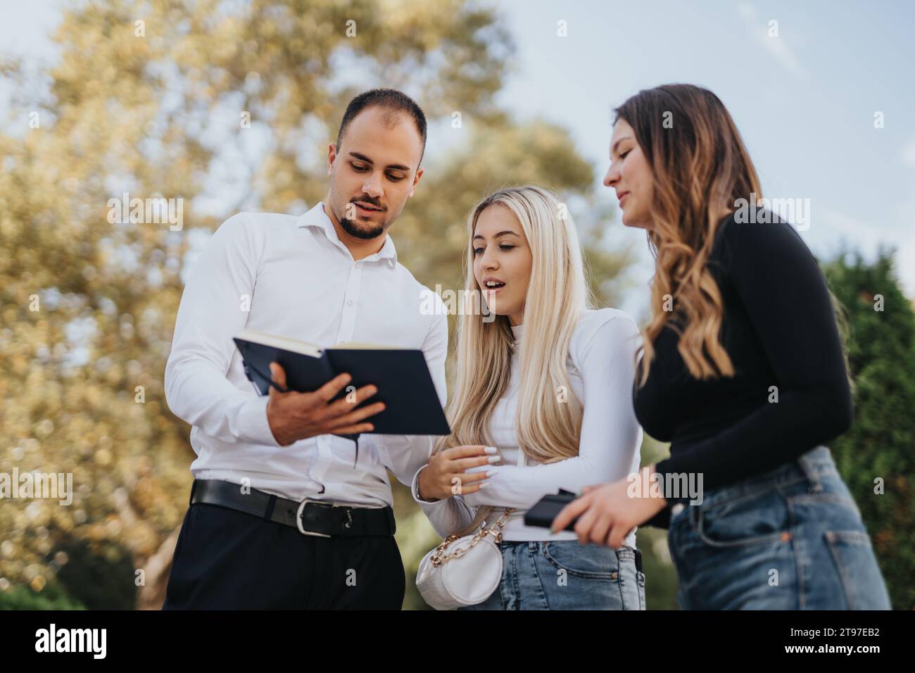 University students studying together outdoors, exchanging knowledge ...