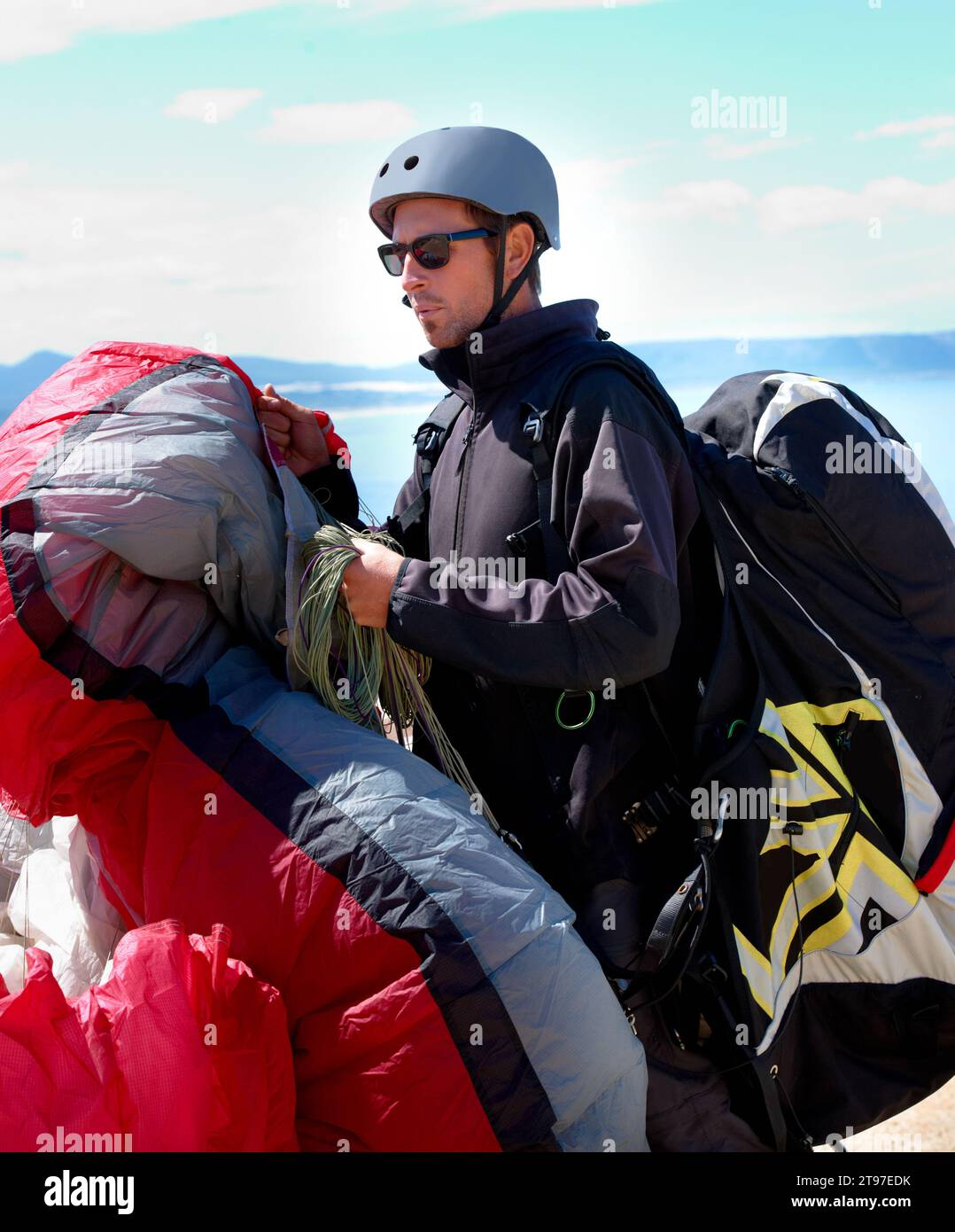 Paragliding, parachute or man in nature for sport, preparation or ...
