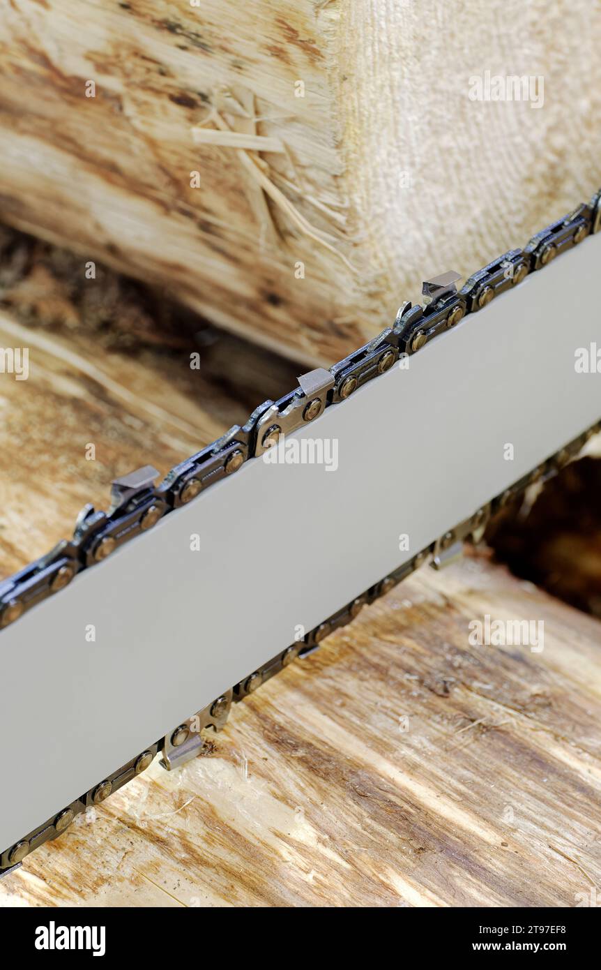 Сhain saw and sawn log, woodworking still life Stock Photo - Alamy