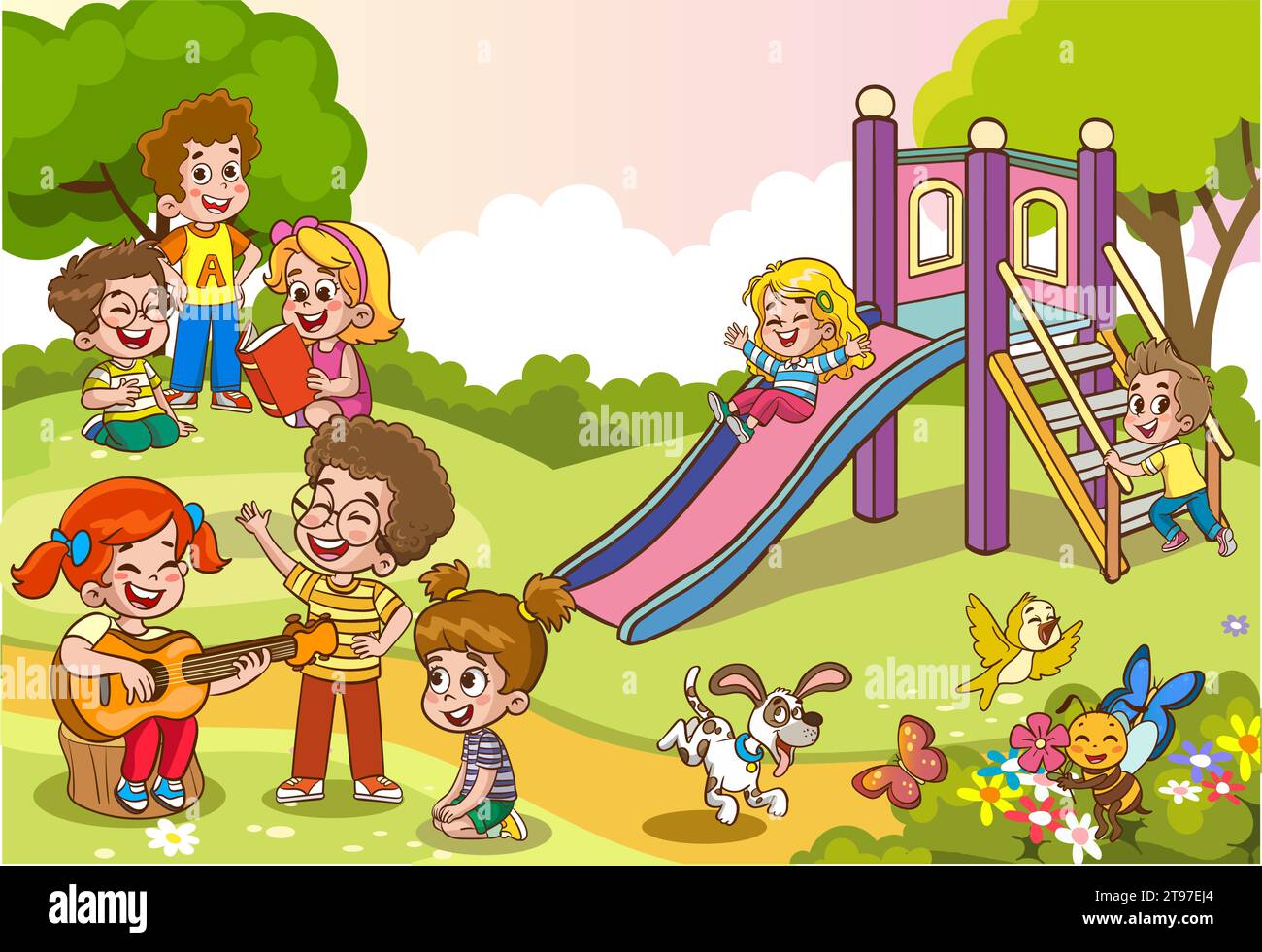 Vector illustration of happy kids playing in playground Stock Vector ...