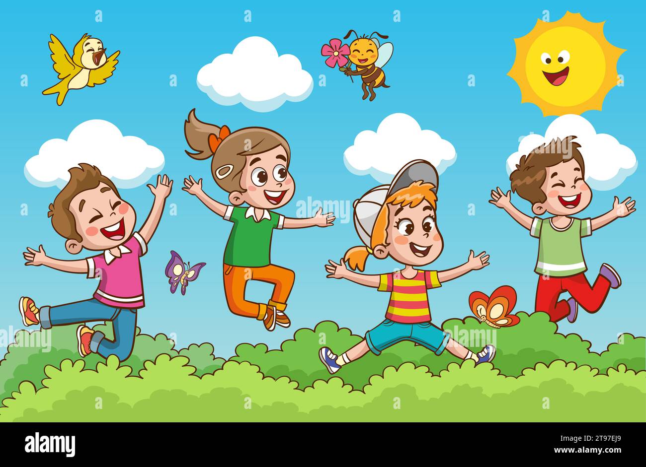 little kid play together with friend and feel happy vector Stock Vector ...