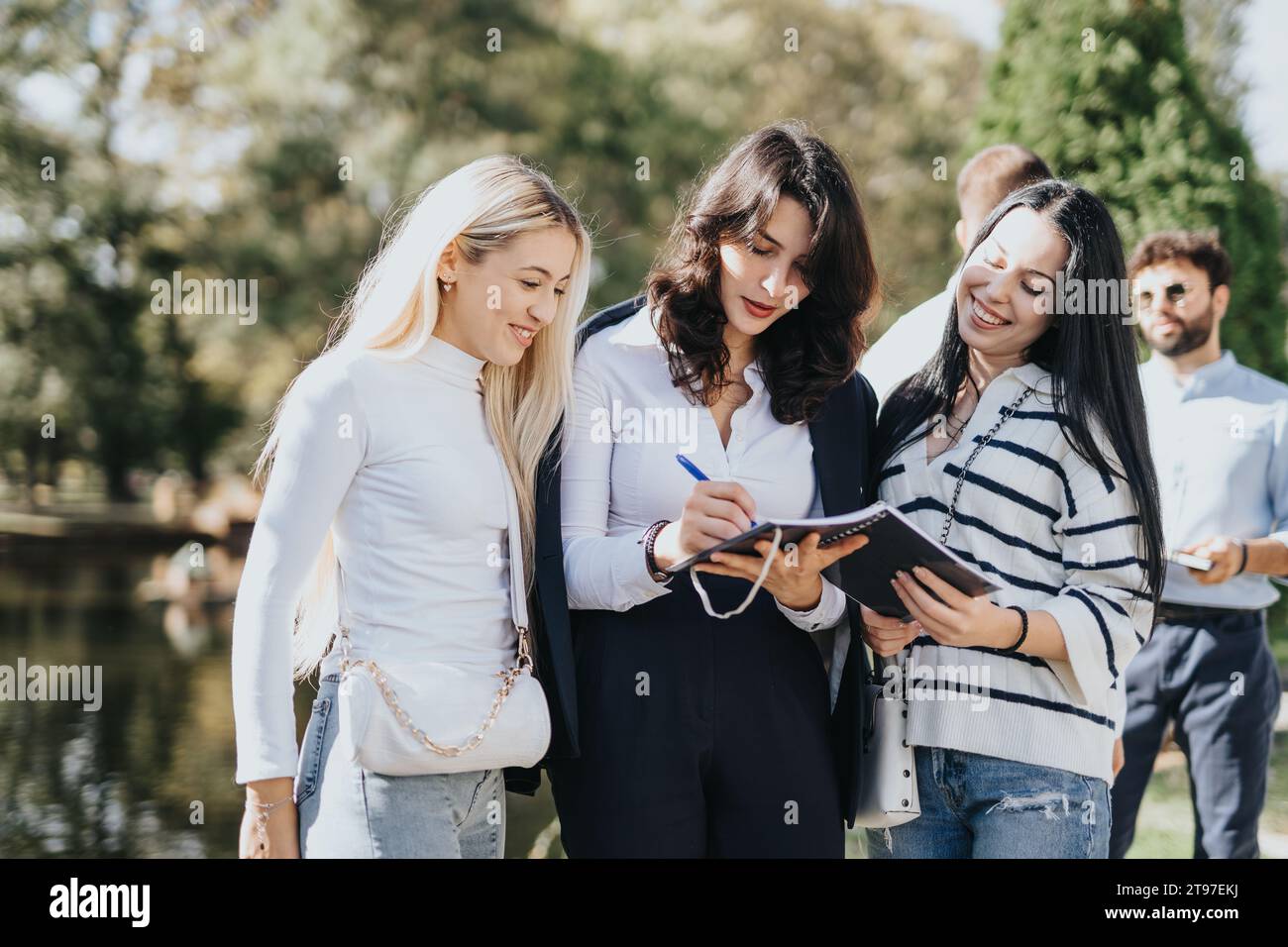 University Students Collaborating in Park, Sharing Knowledge for ...