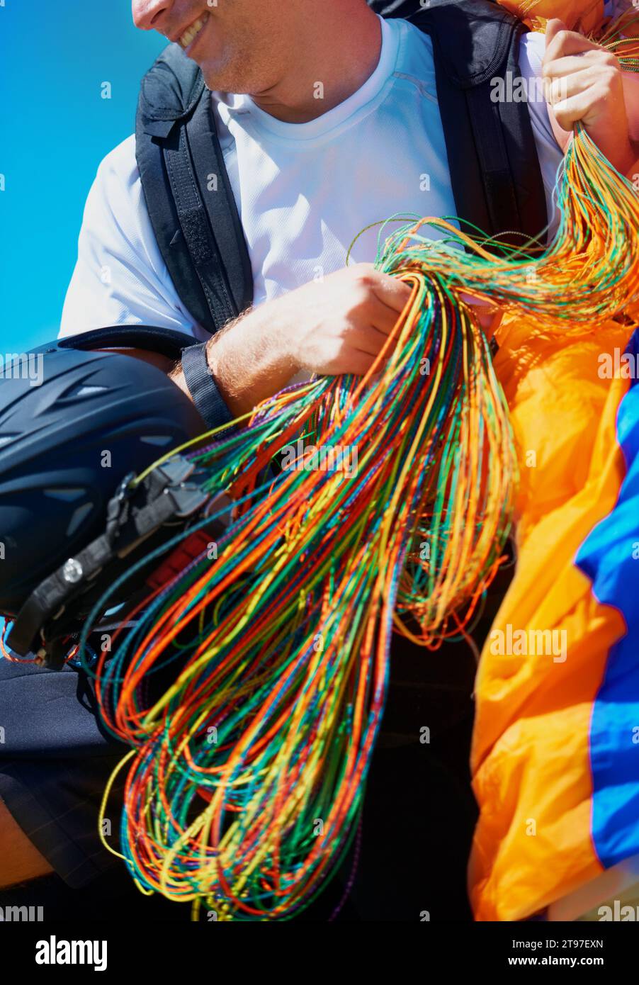 Equipment, parachute or man in nature for sport, positive or strings ...