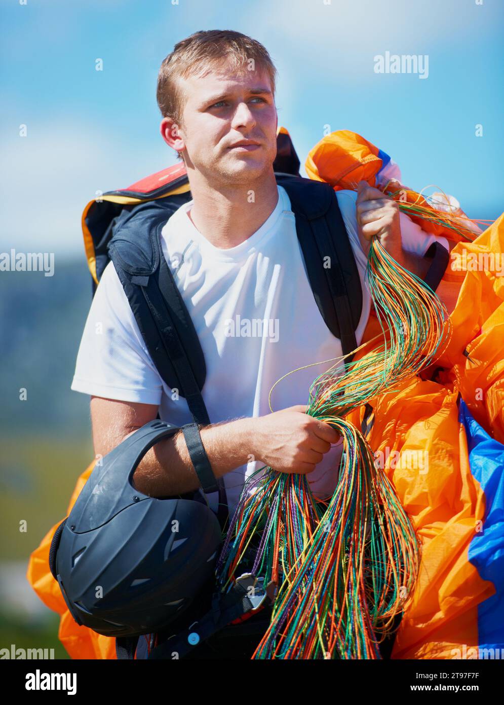 Safety, parachute and man in nature for sport, equipment and strings ...