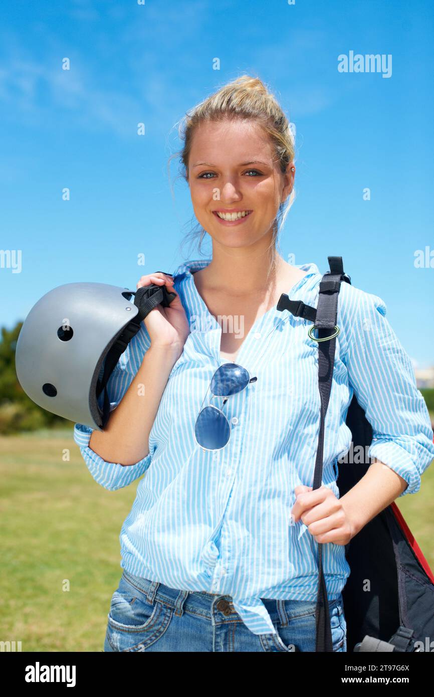 Woman, parachute and field happy for adventure summer, fearless or ...