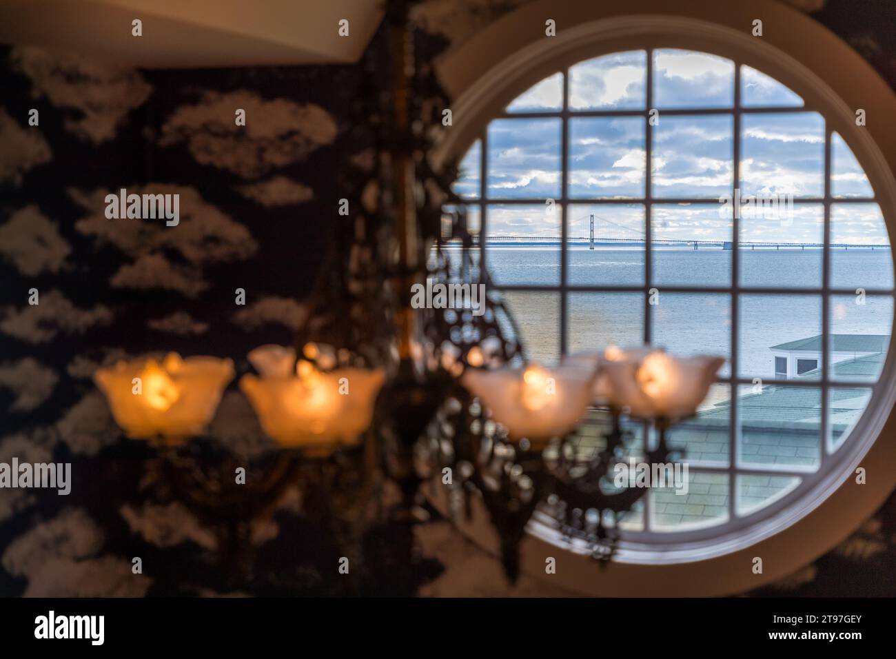 View from the Grand Hotel of the Mackinac Bridge, which connects the ...